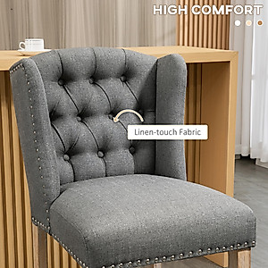 HOMCOM Counter Height Bar Stools Set of 2, 27" Seat Height Upholstered Barstools, Farmhouse Kitchen Island Stools with Nailhead-Trim, Tufted Back and Wooden Legs, Light Gray