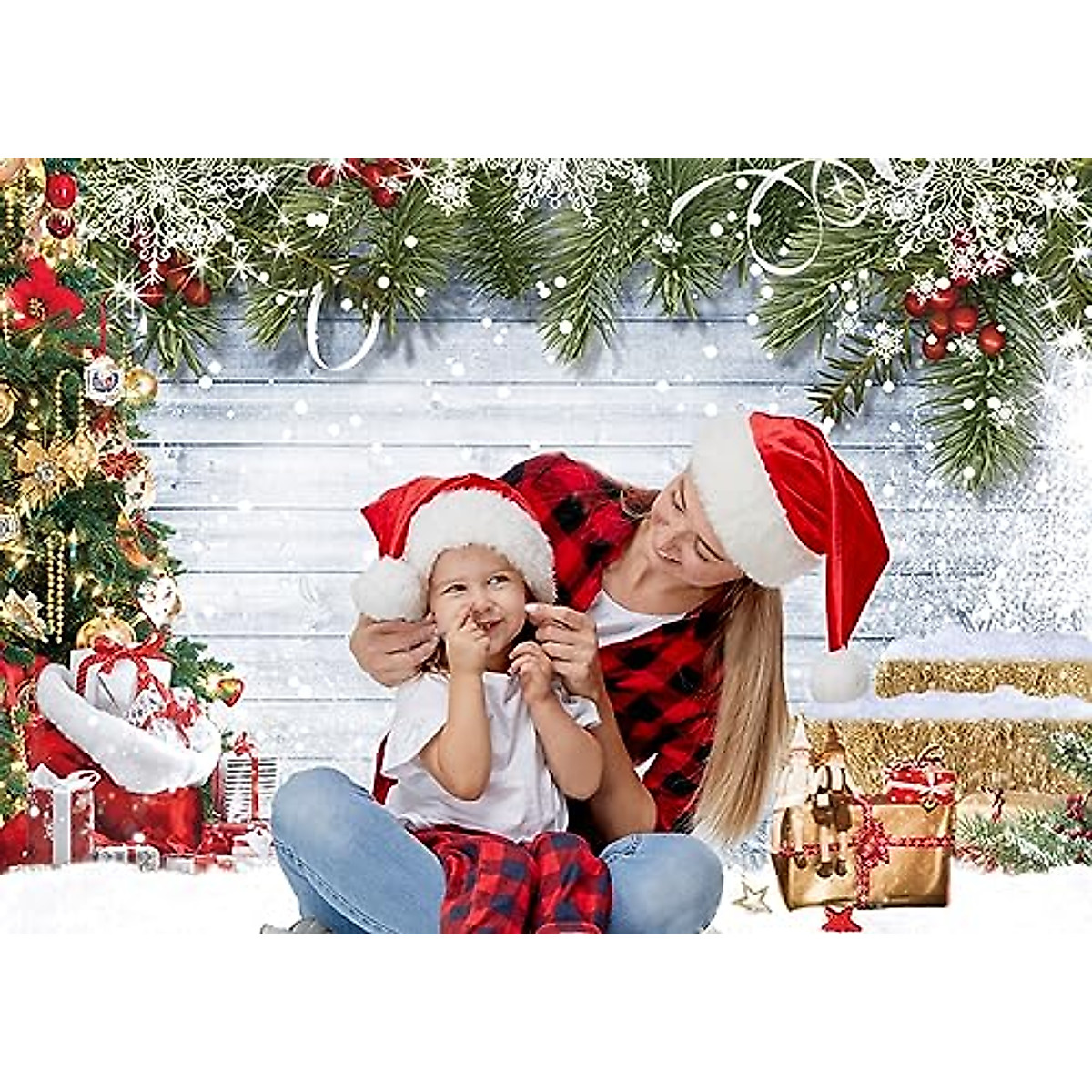 CHAIYA 7x5ft Christmas Backdrop Christmas Rustic Wood Photography Backdrop Xmas Tree Snow Wall Background Xmas Party Supplies Family Kids Party Banner Decorations Backdrops CY191