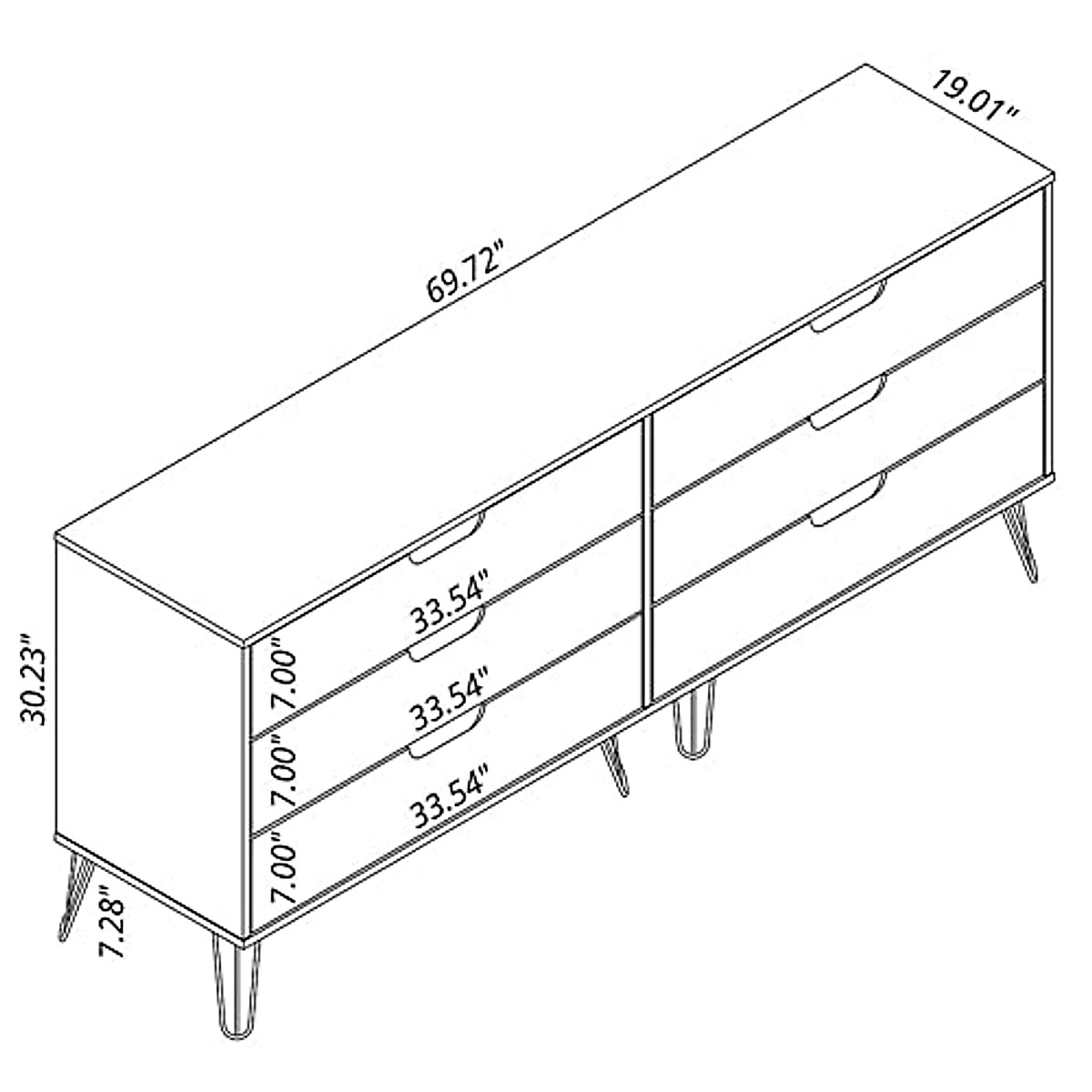 Manhattan Comfort Rockefeller Mid Century 6-Drawer Double Low Dresser with Metal Legs, Nature and Textured Grey