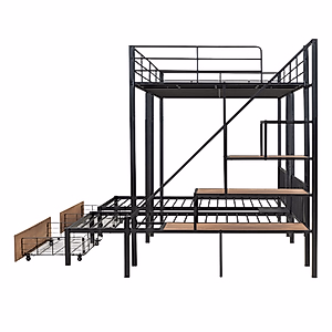 FANYHOME Full Over Twin & Twin Size Metal Bunk Bed with Drawers and Staircase, Divided into 4 Separate Beds, Heavy-Duty Steel Frame Bunk Bed for Kids Teens Adults (Black)