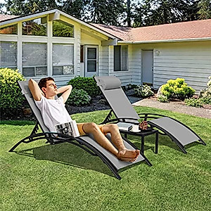 LUKEO 3Pcs Sun Lounger Recliner Set Aluminum Chaise Lounges,Reclining Chair with 5 Adjustable Backrest, Head Cushion, Table for Garden
