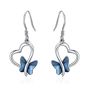 Butterfly Earrings 925 Sterling Silver Heart Butterfly Dangle Drop Earrings with Crystal Butterfly Jewelry Gifts for Women Girlfriends