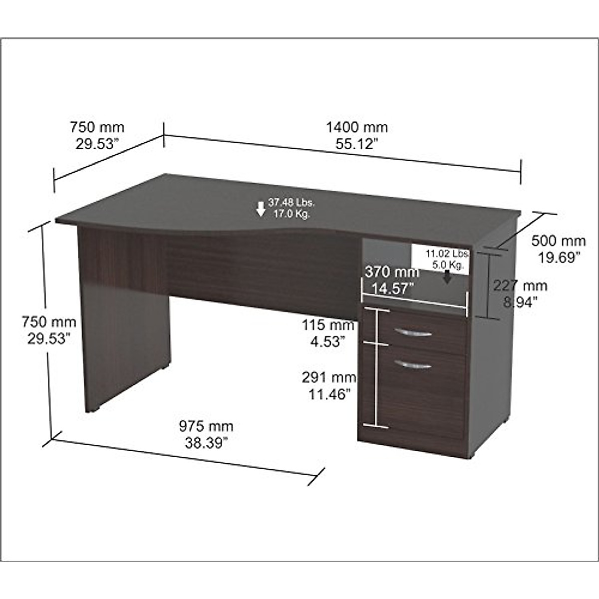 Inval America Curved Top Desk, Espresso-Wenge/Silver