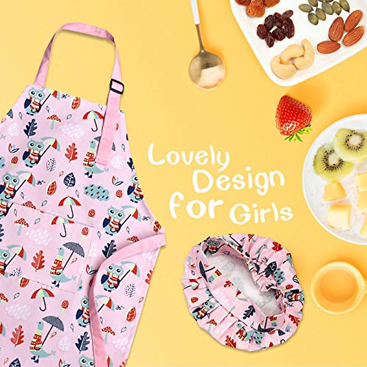 Pipoobear Kids Apron and Chef Hat for Girls Aged 6-12, Pink Children Kitchen Chef Costume Dress Up Set, Toddler Cotton Apron with Pocket and Adjustable Strap for Cooking Baking Painting Gardening