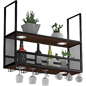 Ceiling Mounted Wine Bottle Holder Hanging Wine Shelf with Glass Holder (with Spotlights) | Metal Ceiling Mounted Hanging Wine Holder | Wooden Wine Bottle Holder | Suspended Wine G
