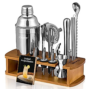 KITESSENSU Cocktail Shaker Set Bartender Kit with Stand | Bar Set Drink Mixer Set with All Essential Bar Accessory Tools: Martini Shaker, Jigger, Strainer, Mixer Spoon, Muddler, Liquor Pourers |Silver