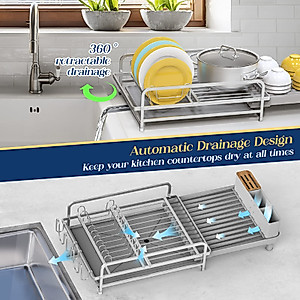 ACMETOP Dish Drying Rack 19" to 27" Expandable Large Capacity Dish Rack Heavy Duty Dish Drainer with Removable Cutlery Rack Cup Holder Aluminium Dish Racks for Kitchen Counter