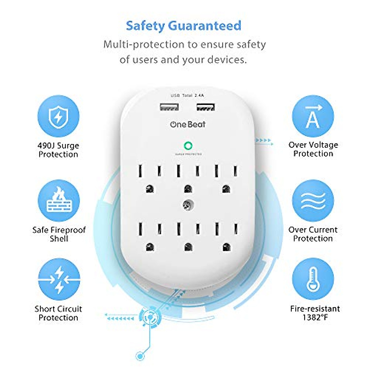 6-Outlet Surge Protector, Wall Outlet Extender Multi Plug Outlet Wall ...