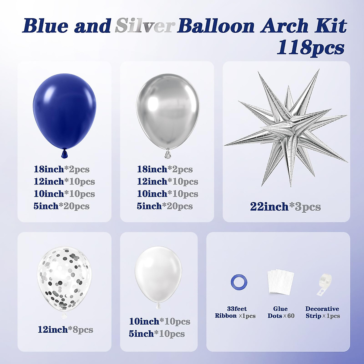 Blue and Silver Balloon Garland Arch Kit, Blue and White Balloons with confetti balloons for Graduation Baby Shower Prom Wedding Birthday Party Decorations