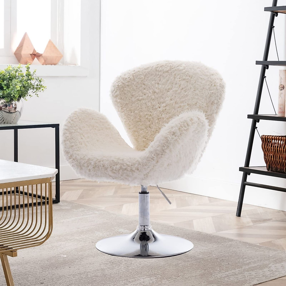 HEAH-YO Contemporary Curly Fur White Vanity Chair with Back, Height Adjustable Swivel Makeup Chair with Chrome Base for Reception Hall Home Dressing Room Shop Stool