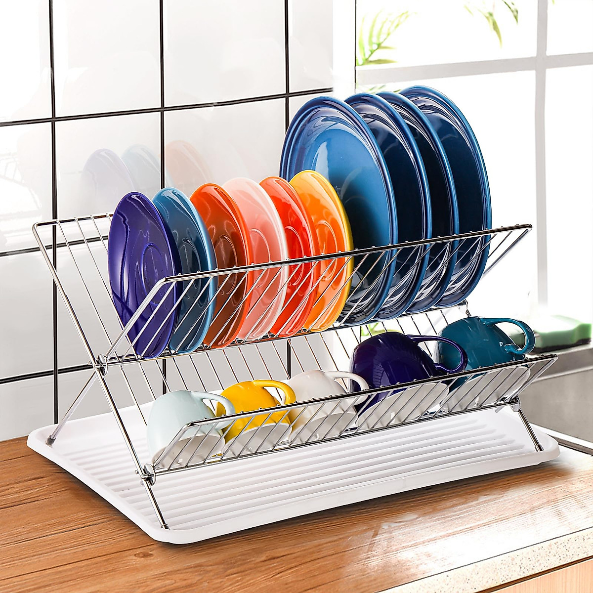 Youeon Foldable Dish Drying Rack with Drainboard, Stainless Steel 2 Tier Dish Drainer Rack, Collapsible Dish Drainer, Folding Dish Rack for Kitchen Sink, Countertop, Cutlery, Plates, Dishes