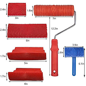 Wood Graining Tool Set, 6pcs 7" Fake Wood Grain Roller Painting Tool with Handle DIY Rubber Graining Tool Paint Look Like Wood for Wall Room Art Paint Decoration