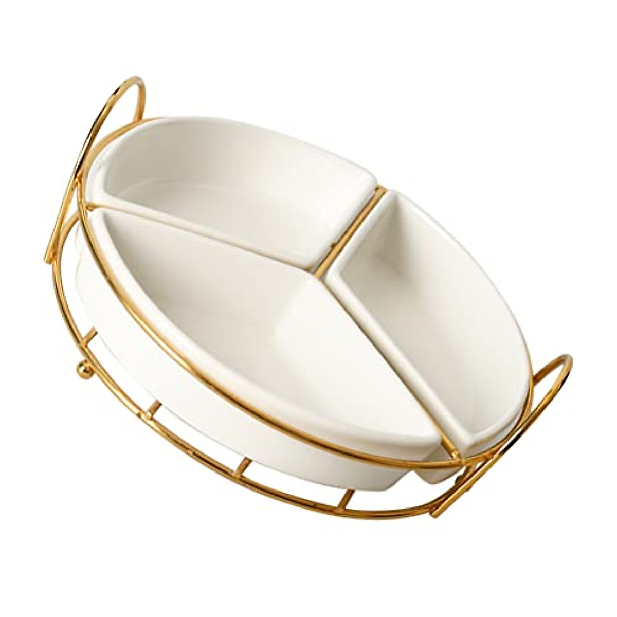 Angoily Ceramic Divided Serving Tray with Handles, 3 Sectional Appetizer Serving Tray, Round Veggie Tray for Serving for Party for Fruit, Candy, Snacks, Parties (White)