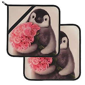 Flower Penguins Pot Holders with Pocket for Kitchen Heat Resistant Oven Hot Pads Potholders for Cooking Baking Grilling Microwave