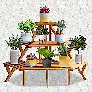 3 Tier Ladder Plant Stand Outdoor, Wood Multi Tiered Quarter Round Flower Pots Holder for Succulents andMultiple Plants, 37.8×26.38×24, Wooden Display Storage Shelf for Indoor Home Garden Patio