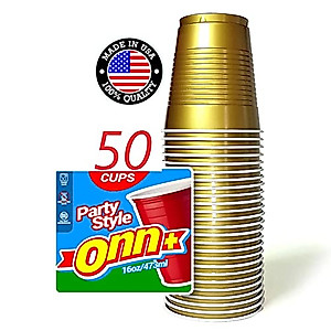 ONN+ Pack of 50 Disposable Plastic Cups, 16 Oz, Strong and Sturdy Disposable Cups for Parties or Celebrations (GOLD)