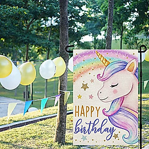CROWNED BEAUTY Happy Birthday Garden Flag 12x18 Inch Double Sided Girl Unicorn Rainbow Outside Welcome Party Decoration Gift Yard Flag