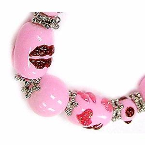 Glass Beaded Bracelet for Women, Pink Lips Kiss Hearts Beads Jewelry, Valentine Mother's Day Gift for Her, 1 pc