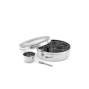 King International Stainless Steel Indian Spice Box, Indian See Through Masala Dabba, Masala Box,Steel Masala Dabba, Indian Spice Container, with 7 Spice containers Size 20 X 20 x 8 cm, Set of 9