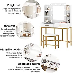 Vabches Makeup Vanity with Lighted Mirror,Vanity Mirror with Lights and Table Set,Vanity Set with 10 LED,Vanity Desk with 3 Lighting Modes and 2 Drawers&Cushioned Stool for Bedroom.