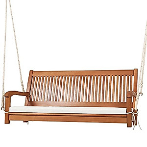 Happygrill Hanging Porch Swing 2-Seat Wooden Swing Bench with Cushion and Hanging Ropes, Outdoor Patio Swing for Garden and Backyard