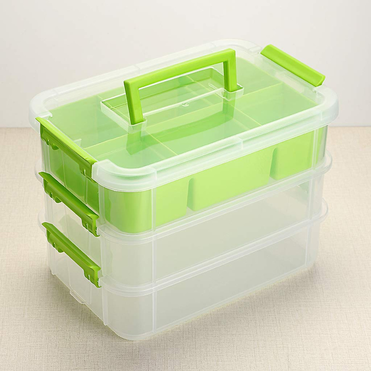 BTSKY 3 Layer Stack & Carry Box, Plastic Multipurpose Portable Storage Container Box Handled Organizer Storage Box with Removable Tray for Organizing Sewing, Art Craft, Supplies Green