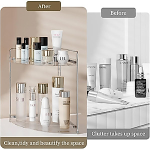 KINGBERWI 2 Tier Corner Makeup Organizer for Vanity, Acrylic Bathroom Countertop Organizer, Clear Skincare Perfume Tray Organizers and Storage Shelf