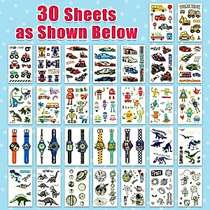 Leesgel 30 Sheets Mixed Styles Luminous Tattoos for Boys Kids, Kids Birthday Party Supplies Favors Decorations Gaming Toys, Water Proof Dinosaur/Car/Space/Robot Temporary Tattoo Stickers
