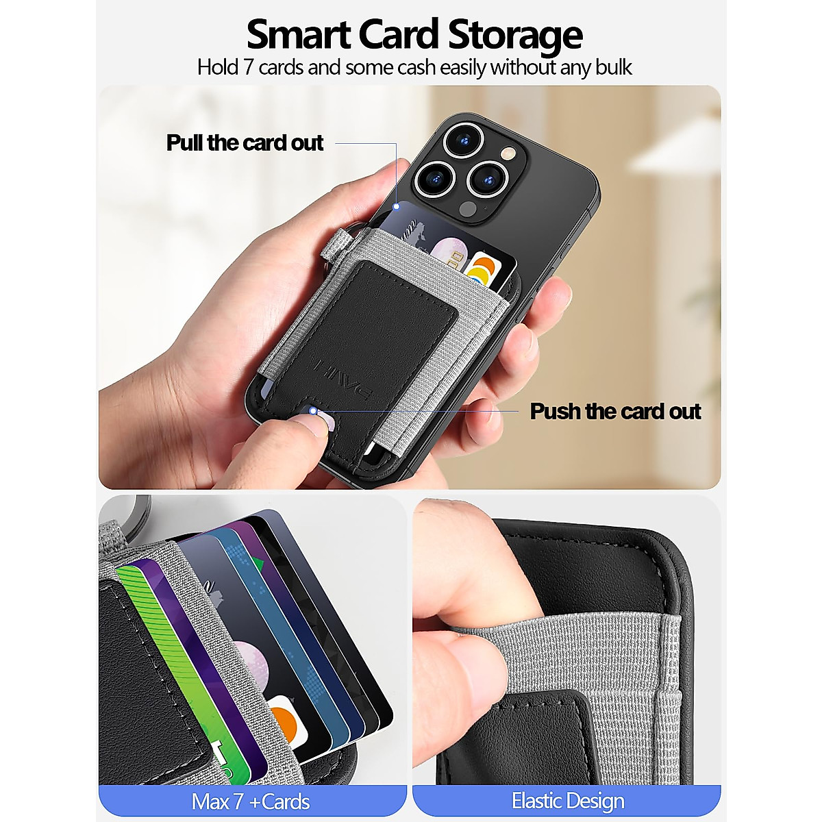 New-Upgrade Magnetic Card Wallet Holder for Apple Magsafe, Magnetic Magsafe Leather Wallet for iPhone 15/14/13/12 Magsafe, Mag-Safe Wallet for iPhone 15/15 Pro/14/13/12 Series, Fits 7 Cards, Black