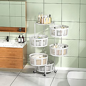 Rotating Kitchen Storage Rack 5 Tier Round Metal Baskets on Wheels Floor-Standing Fruit and Vegetable Storage Basket Household Storage Rack for Bathroom Kitchen Living Room, White