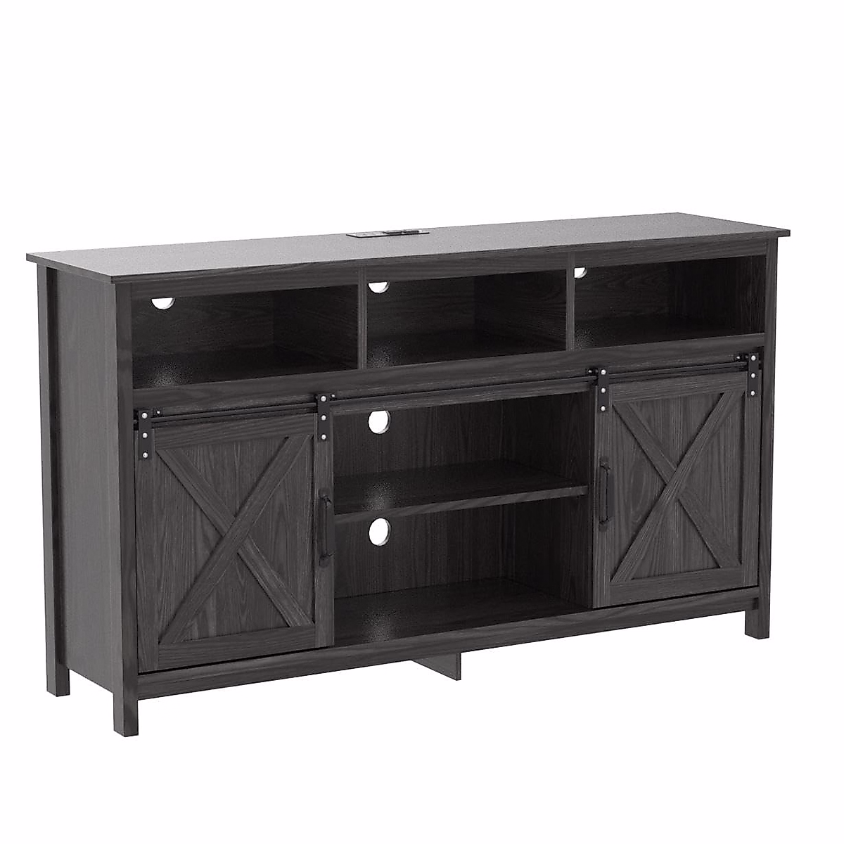 fancyqube Farmhouse Coffee Bar Cabinet, Rustic Sliding Barn Door Storage Cabinet with Power Outlet, Buffet Server Sideboard Cupboard Table for Dining Room Entryway Kitchen (Wash Grey)