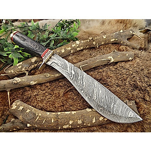 Damascus Steel Hunting Bowie Knife 14.5 Inches Custom Made Hand Forged with 10" Blade, 2 Tone Green Wood with Engraved Brass Scale, Thick Cow Hide Leather Sheath with Belt Loop (Black)