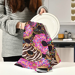 Tarity Yummy Donuts Kitchen Towels Set of 4 Pack Soft and Absorbent Dish Towels 28x18 in Large Cleaning Cloth Hand Towels with Hanging Loop Polyester Tea Towels Dish Rags for Drying Dishes