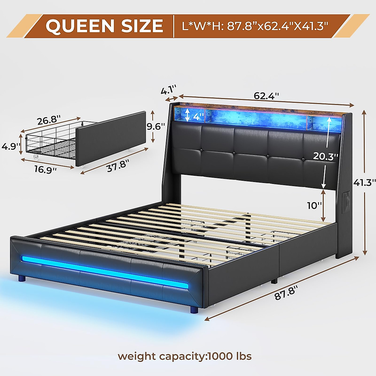 MSmask Queen Bed Frame with 4 Storage Drawers, Charging Station and LED Lights, Upholstered Bed Frame with Button Tufted Wingback Headboard, LED Bed Frame Queen Size, No Box Spring Needed, Black