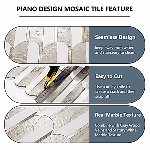 Vamos Peel and Stick Backsplash Seamless Tile for Kitchen and Bathroom,White and Beige Slate PVC Mixed Light Gold Self Adhesive Fish Scale Metal Mosaic Tiles (10 Sheets)