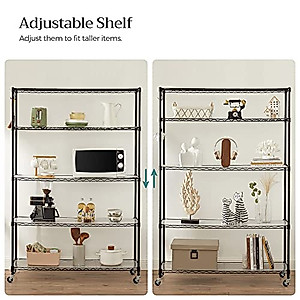 SONGMICS 5 Tier Garage Shelving, Wire Shelving Unit, 43.3 x 13.8 x 65.4 Inches, Adjustable Metal Shelves, 5 Plastic Liners 8 Hooks, Mobile Storage Shelves, Pantry Kitchen Basement, Black ULGR015B01