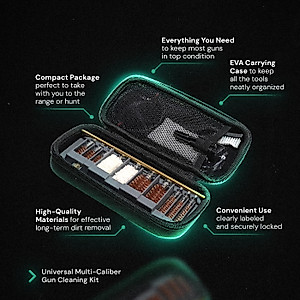 GRITR Universal Multi-Caliber Gun Cleaning Kit | 12 Ga/20 Ga/.22 Cal (223/5.56) Pistol, Rifle & Shotgun Cleaner Supplies Set w/EVA Carrying Case | Bronze Brushes, Cotton Mops, Rod, Cleaning Patches