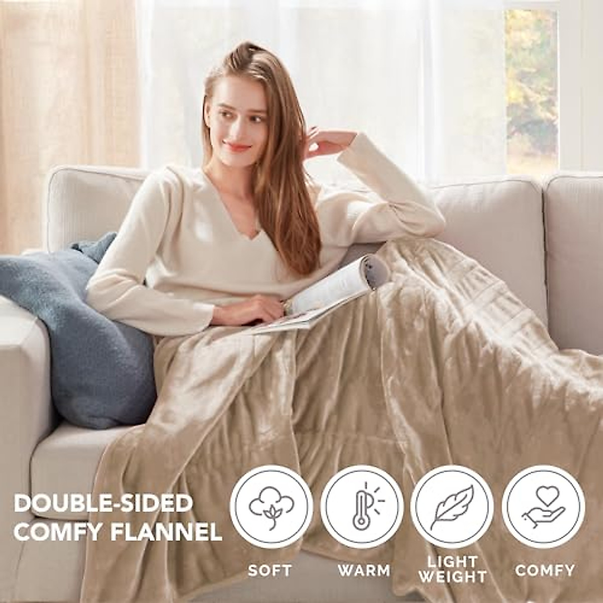 Degrees of Comfort Electric Throw Blanket Beige 50" x 60" | Lap Electric Blanket - Home, Couch | 3 Heat Settings W/ 2 Hour Auto Shut Off | Machine Washable
