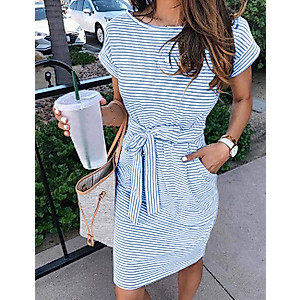 MEROKEETY Women's Summer Striped Short Sleeve T Shirt Dress Casual Tie Waist Midi Dress, Blue, XL