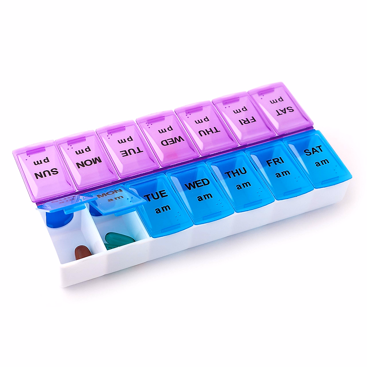 Pill Box Organizer Case, 14 Compartments, 7 Daily AM PM Slot, 2 Times a Day, Weekly dosis, Medicine Holder/Container, Ideal/Medication, Vitamin, Supplement, Medicine, Pills. Perfect Travel & Purse