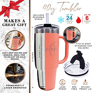 Custom Monogrammed 40 oz Tumbler with Handle, Lid and Straw - Personalized Insulated Stainless Steel Large Cup (Coral)