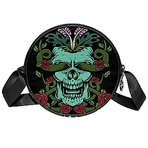 Skull with Roses Decoration Crossbody Bag for Women Teen Girls Round Canvas Shoulder Bag Purse Tote Handbag Bag