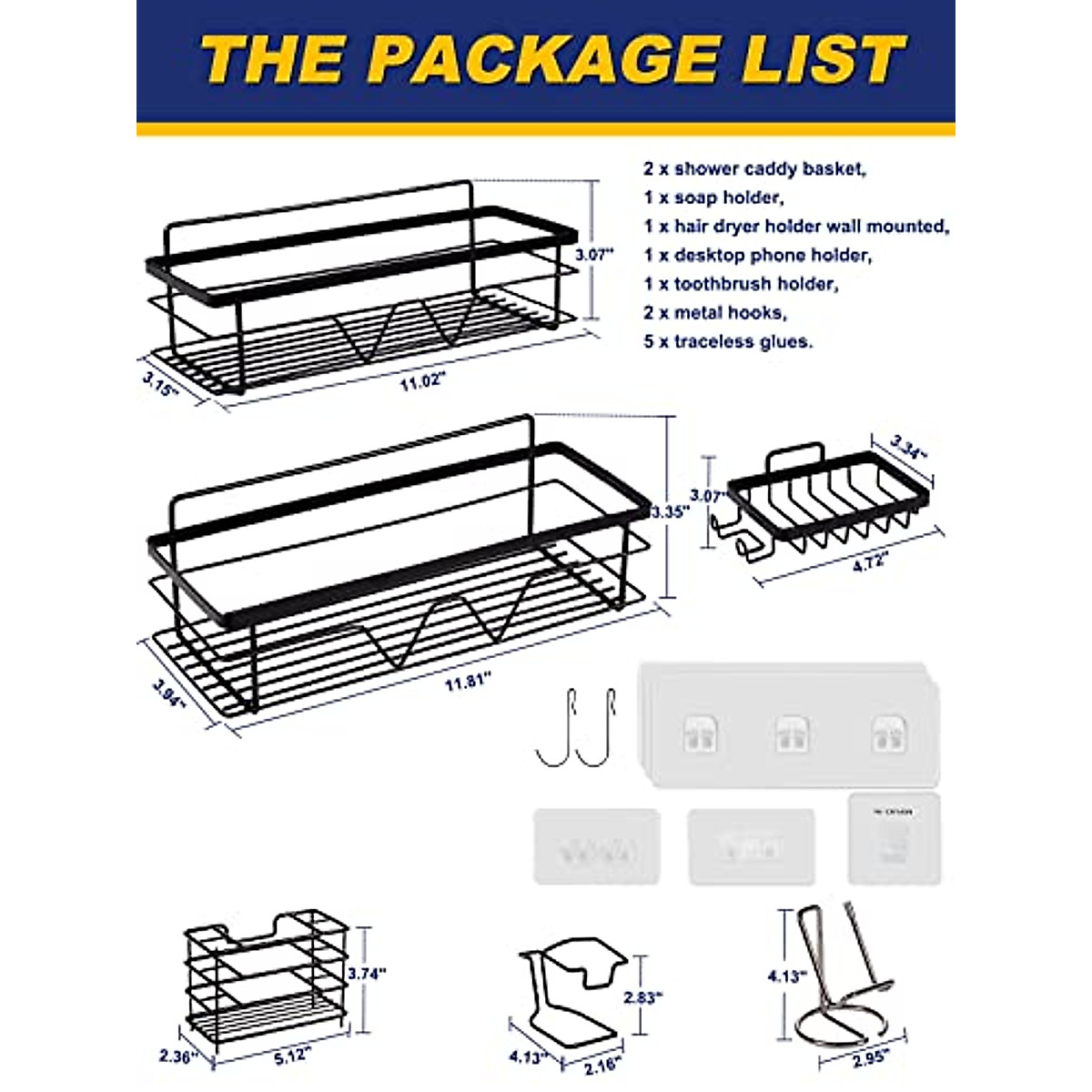 GOJUSO 6-Packs Bathroom Shower Shelves 2 Size Caddy Hair Dryer Holder Wall Mounted Toothbrush Holder Phone Stand for Desk No Drilling Hanging Wall Mount Bathroom Accessories