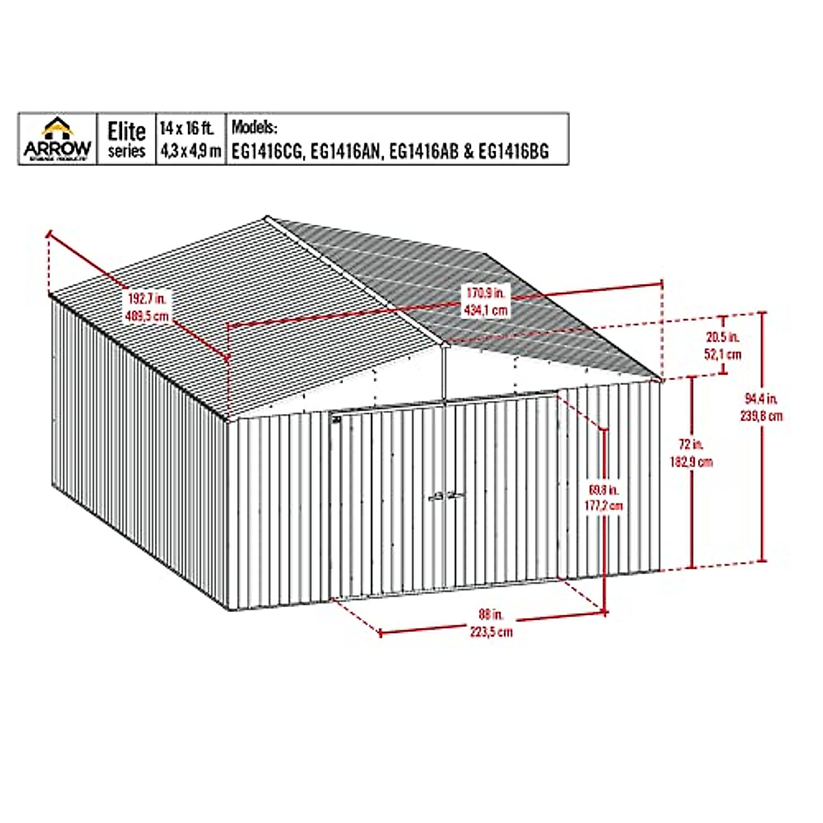 Arrow Shed Elite 14' x 16' Outdoor Lockable Gable Roof Steel Storage Shed Building, Cool Grey