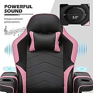 MoNiBloom Massage Gaming Recliner Chair with 2 Speakers Ergonomic Game Chair Neck Support and Widened Armrests with Built-in Cup Holders, Tilt & Swivel Comfortable Gaming Chair with Storage Bag, Pink