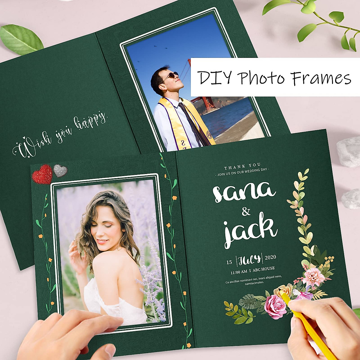 AUEAR, Pack of 25, 5X7 Photo Folders, Atrovirens with Gold Lining, Cardboard Picture Frame for Special Events: Wedding, Graduation, Christmas