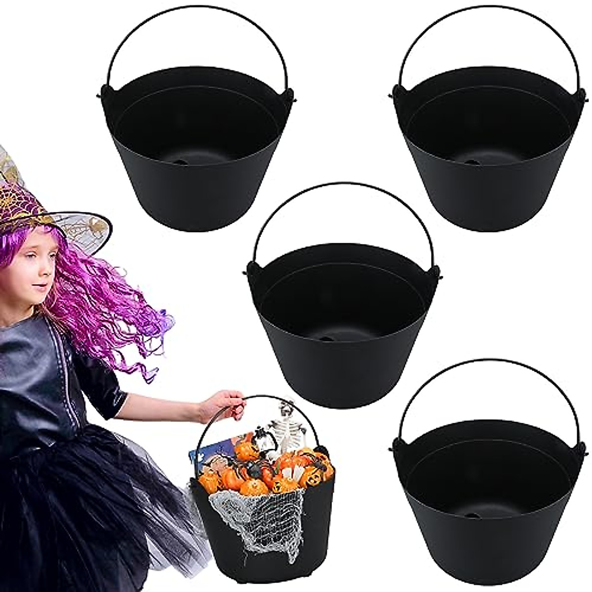 Roshtia Halloween Plastic Black Cauldron Pot with Handle Large Witch Cauldron Halloween Basket Candy Bowl Decoration Black Cauldron Trick or Treat Bucket Kettle for Party Favor(9 Inch, 4 Pcs)