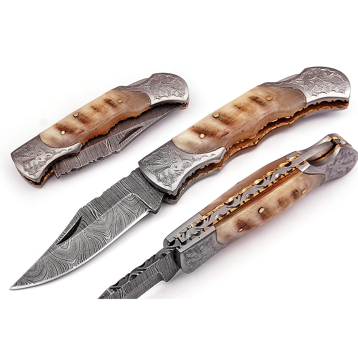 Handmade Damascus Steel Pocket Knife - Damascus Folding Knife - Pocket Knife for Men, EDC gift Knife & Damascus Blade Hunting Skinning Knife with Back Lock & Ram Horn Handle with Leather Knife Sheath