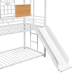 Harper & Bright Designs Metal Twin Over Twin Bunk Beds with Slide, House Bunk Bed with Storage Stairs, Kids Bunk Beds with Roof and Guardrails for Girls Boys Teens, White+White Slide