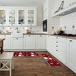 Kitchen Mat Rug Set of 2 Christmas Snowman Snowflake on Red and Black Buffalo Check Runner Rug Anti-Fatigue Comfort Memory Foam Standing Mat Non-Slip Floor Door Mat for Bedroom 18x30in+18x60in